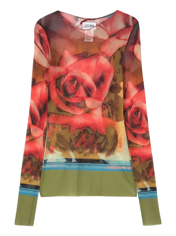 Jean Paul Gaultier Red Roses Mesh Top - Green