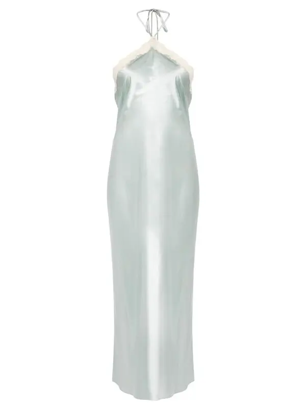 REFORMATION Aara Silk Charmeuse Halterneck Maxi Dress With Lace Trim - Blue