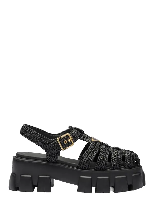 Prada Caged Flatform Raffia Sandals - Black