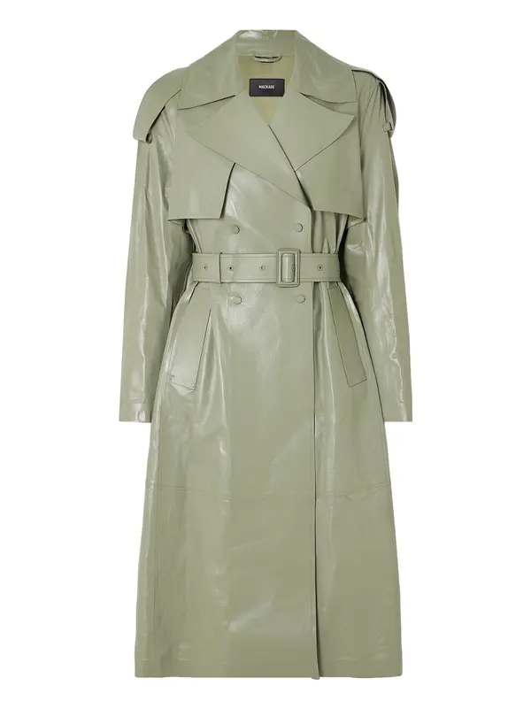 Mackage Carmela Double-breasted Belted Leather Trench Coat - Green