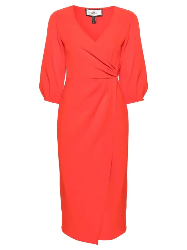 NISSA Gathered Wrap Midi Dress - Orange