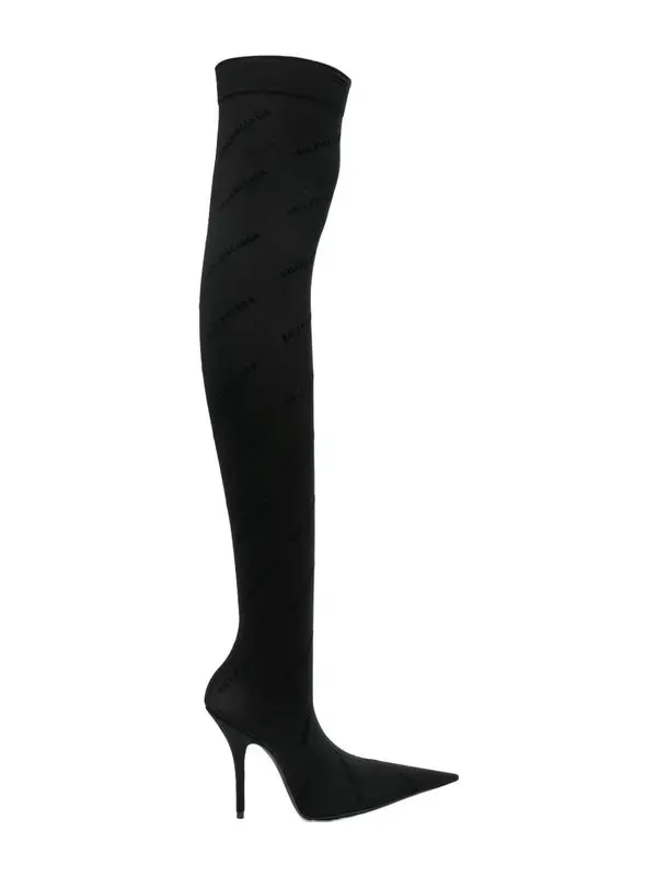 Balenciaga 110mm Flocked-logo Above-knee Boots - Black