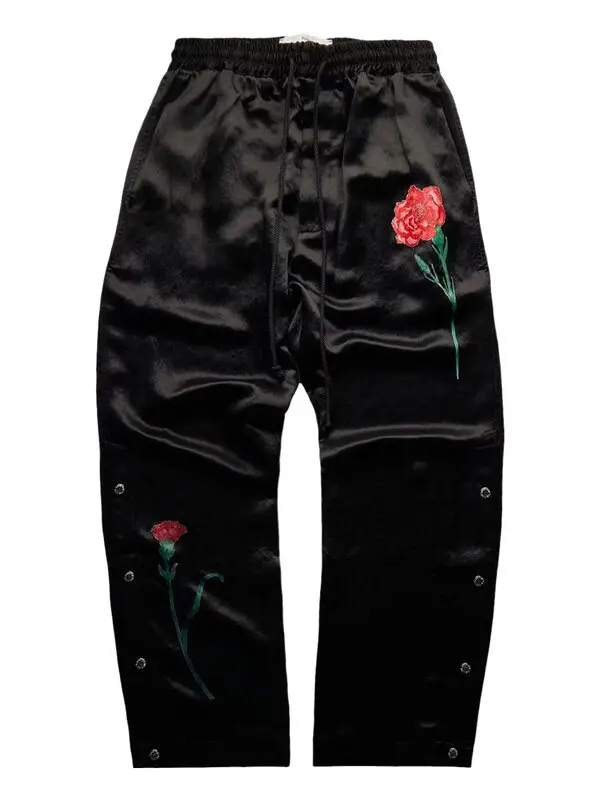 SONG FOR THE MUTE Floral-appliqué Satin Track Pants - Black