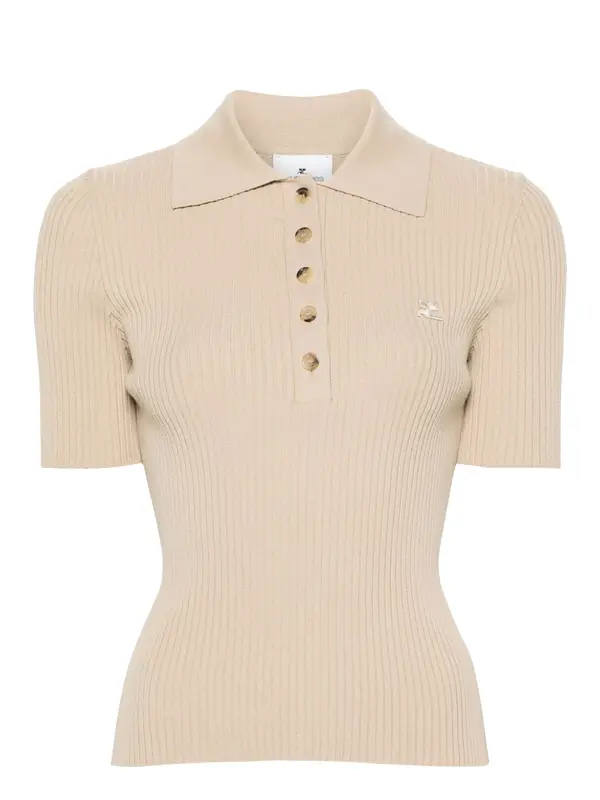 COURREGES Logo-patch Ribbed Polo Top - Neutrals