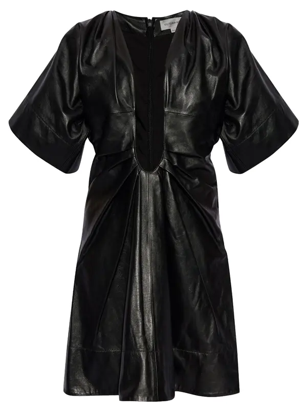 Victoria Beckham Pleated Leather Minidress - Black