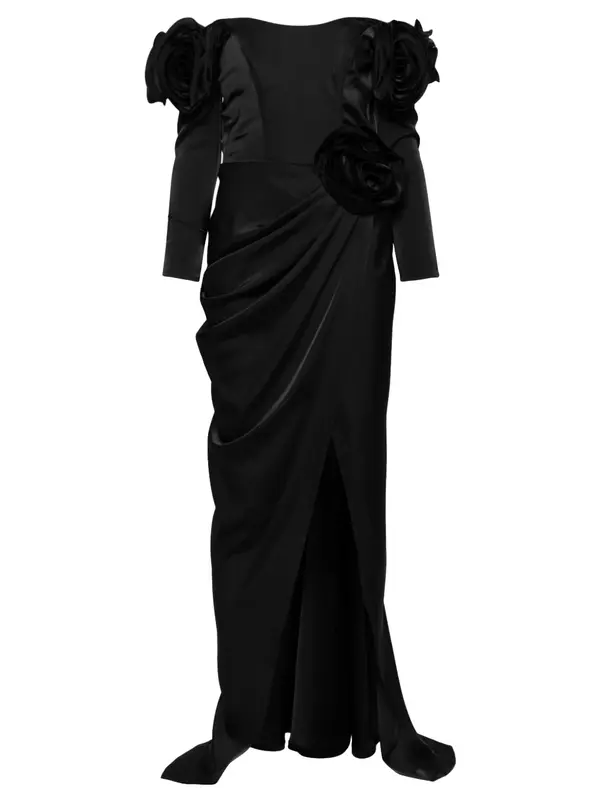 ANA RADU Floral-appliqué Satin Gown - Black