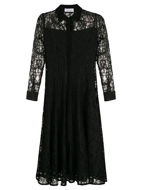 OLYMPIAH Branch Lace Trim Midi Dress - Black