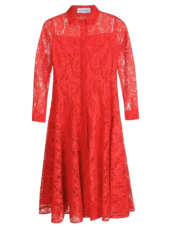 OLYMPIAH Branch Lace-panel Midi Dress - Red