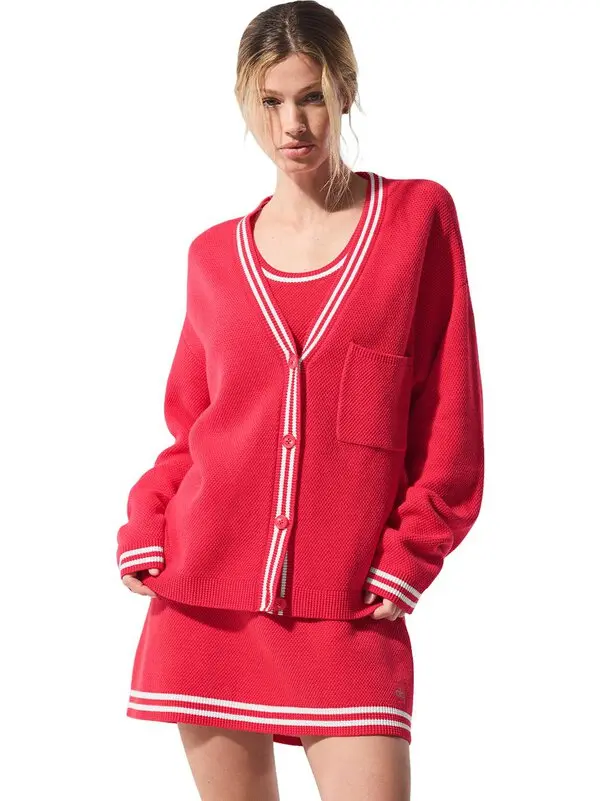 Alo Yoga Tennis Club Sweater Knit Cardigan Top - Candy Red/white