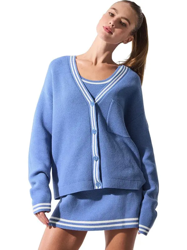 Alo Yoga Tennis Club Sweater Knit Cardigan Top - Crystal Clear Blue/white
