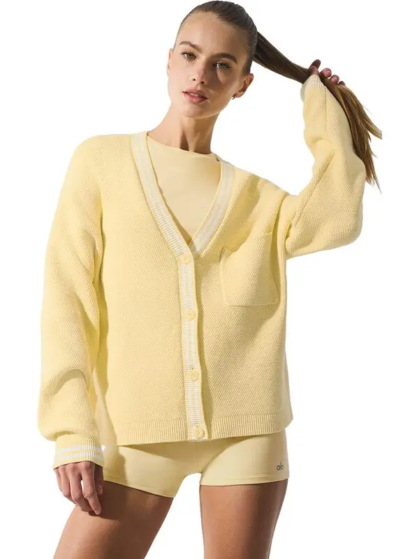 Alo Yoga Tennis Club Sweater Knit Cardigan Top - Warm Butter/white
