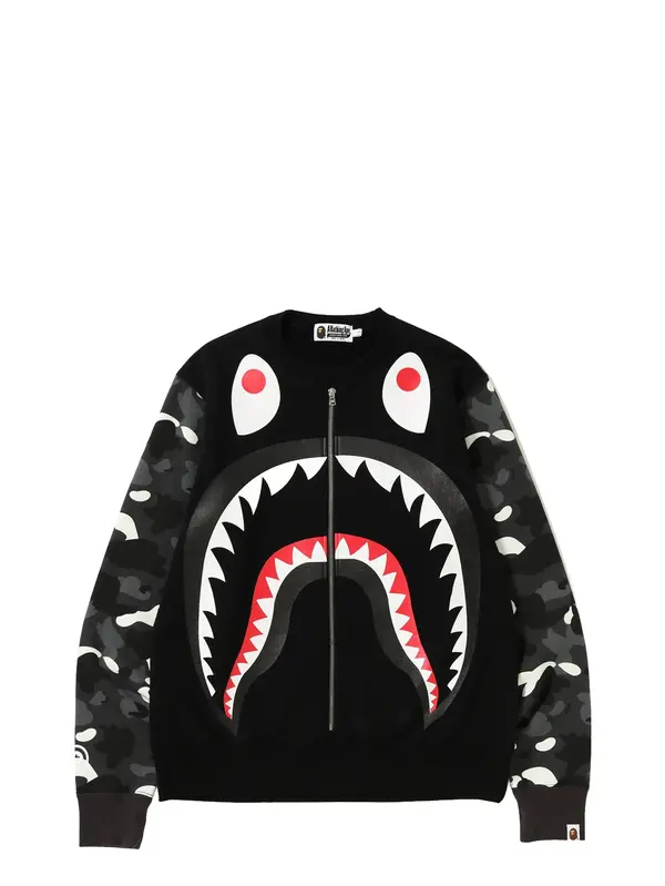 BAPE Metal Zip Big Shark Wide Crewneck Sweatshirt - Black