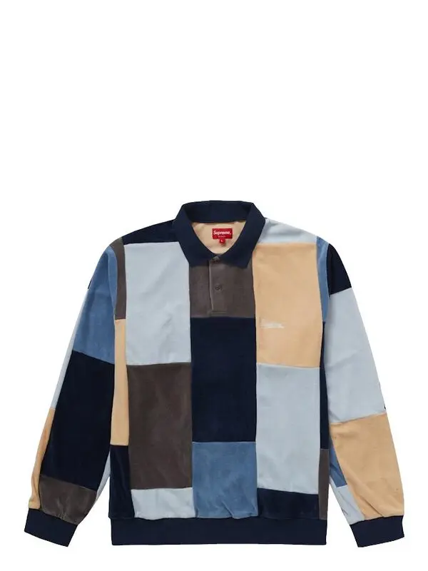 Supreme Patchwork Velour Long Sleeve Polo Shirt - Navy Blue