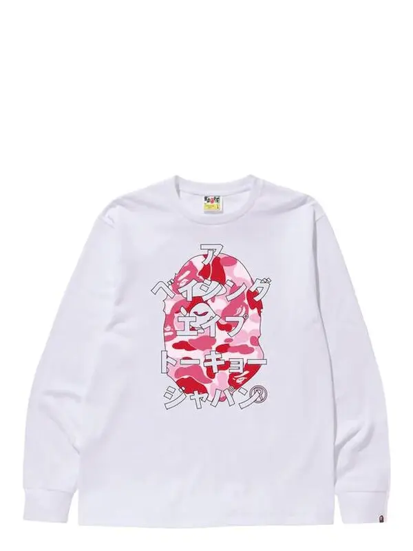 A BATHING APE Abc Camo Japanese Letters Long Sleeve Tee Shirt - White/pink