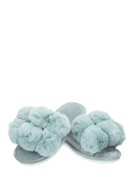 MEMOI Luxe Faux Fur Pom Slipper - Sea Blue