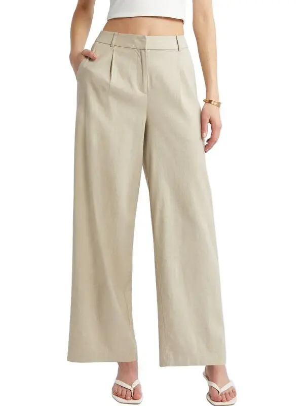 OPEN EDIT Wide Leg Linen Blend Pants - Tan Oxford
