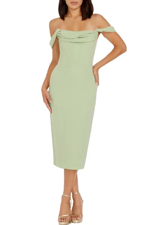 Dress The Population Vickie Off-the-shoulder Corset Midi Dress - Sage