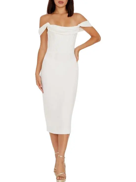 Dress The Population Vickie Off-the-shoulder Corset Midi Dress - White