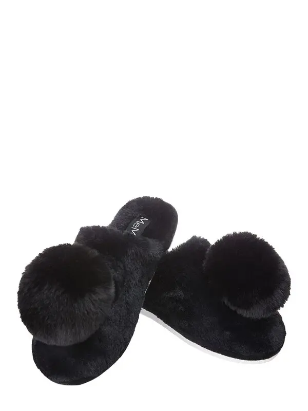 MEMOI Gloria Faux Fur Pom Slipper - Black
