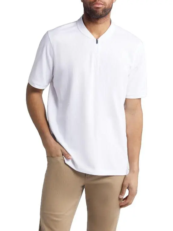 Johnston & Murphy Quarter Zip Jacquard Pima Cotton Blend Knit Polo - White