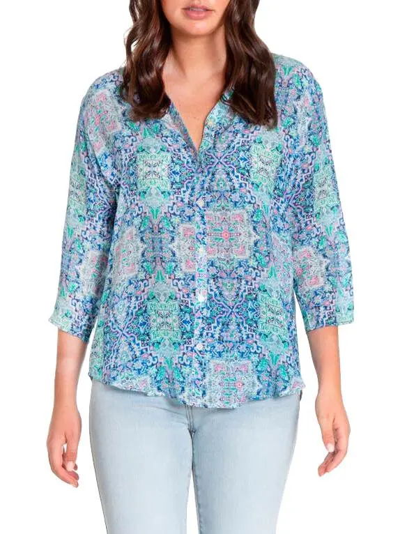 APNY Print Mandarin Collar Chiffon Button-up Top - Blue Multi