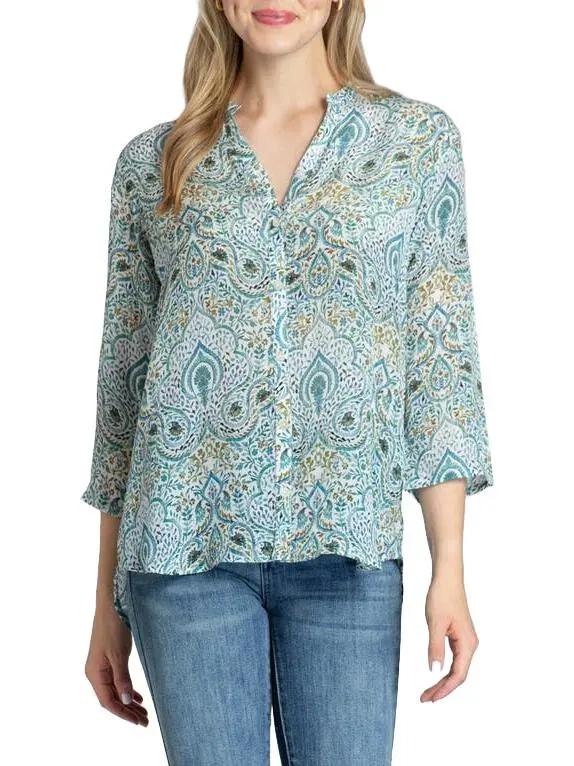 APNY Print Mandarin Collar Chiffon Button-up Top - Green Multi