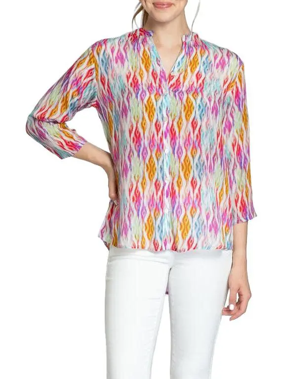 APNY Print Mandarin Collar Chiffon Button-up Top - Orange Multi