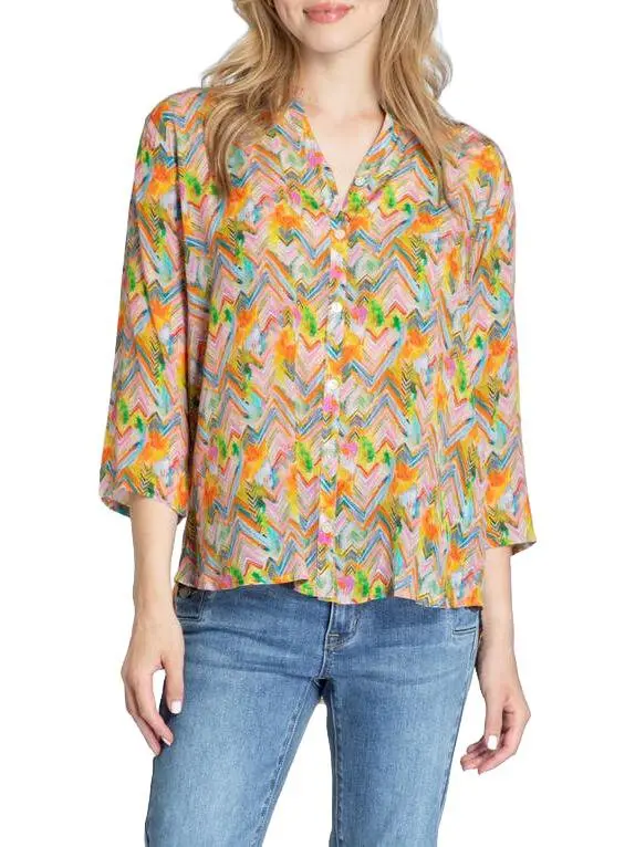 APNY Print Mandarin Collar Chiffon Button-up Top - Orange Multi