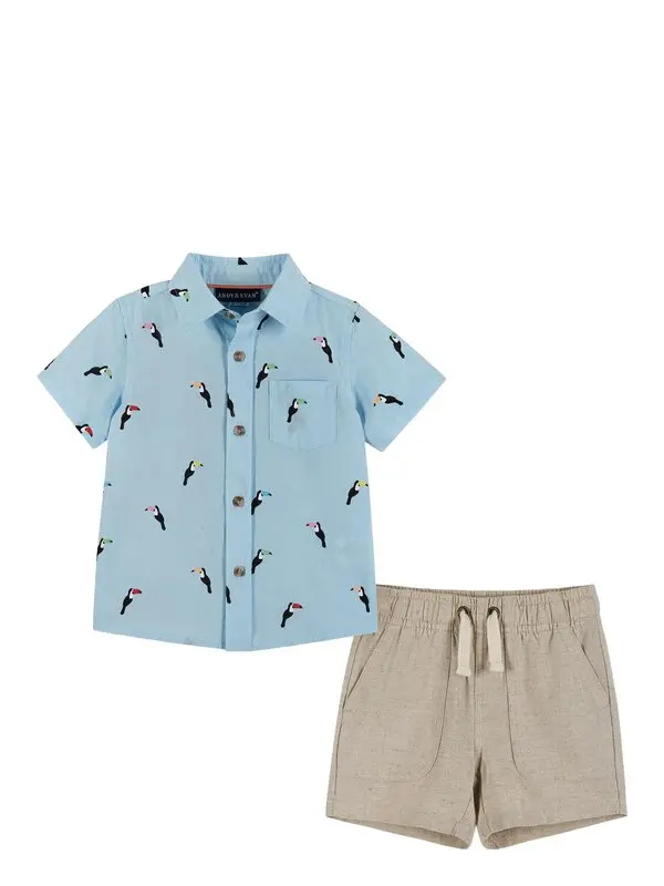 Andy & Evan Button-up Shirt And Shorts Set - Blue Toucan