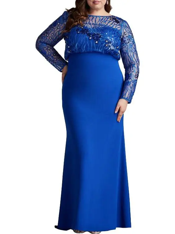 Tadashi Shoji Sequin Bodice Long Sleeve Gown - Mystic Blue