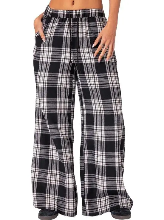 EDIKTED Plaid Wide Leg Pants - Black-and-white
