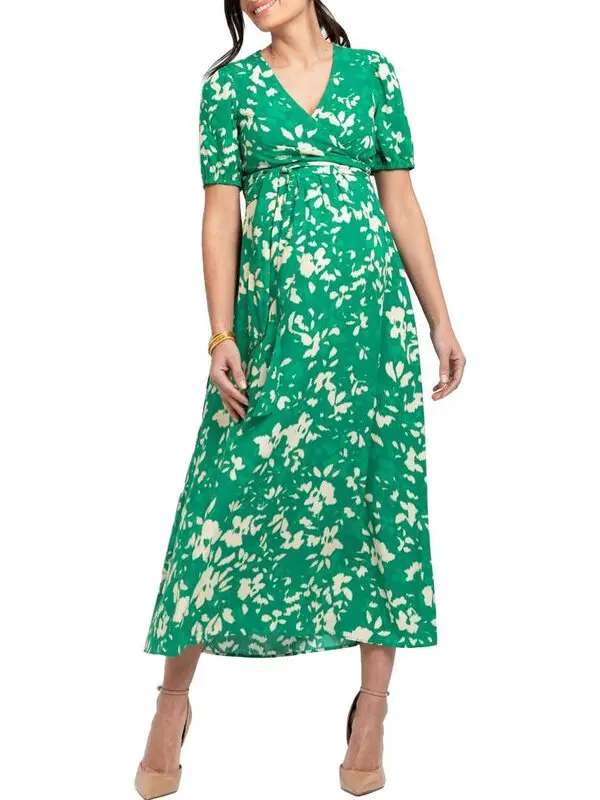 Seraphine Floral Tie Waist Maternity/nursing Midi Dress - Green Print