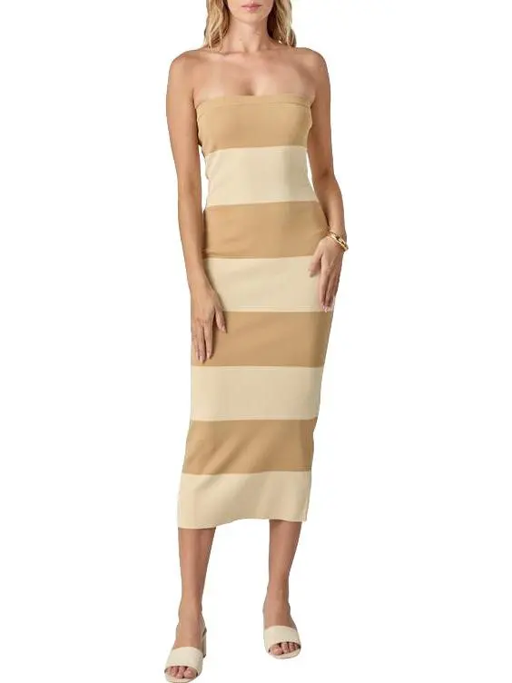 Endless Rose Stripe Strapless Midi Tube Dress - Beige/ Tan