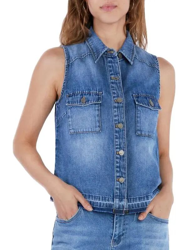 WASH LAB DENIM Clara Sleeveless Denim Button-up Shirt - Post Blue