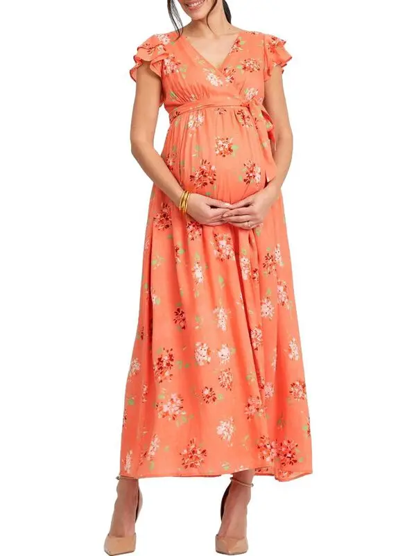 Seraphine Flutter Sleeve Faux Wrap Maternity Dress - Coral Print