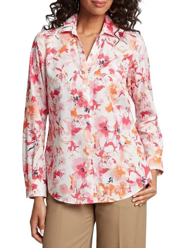 Foxcroft Mary Watercolor Print Cotton Shirt - Pink Multi