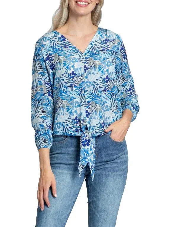 APNY Print V-neck Tie-front Top - Blue Multi