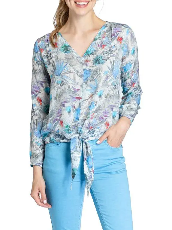 APNY Print V-neck Tie-front Top - Grey Multi