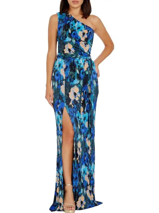 Dress The Population Bella Floral Plissé Gown - Cobalt Multi