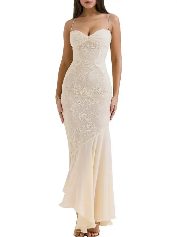 House Of Cb Felicia Lace Inset Mermaid Gown - Macademia