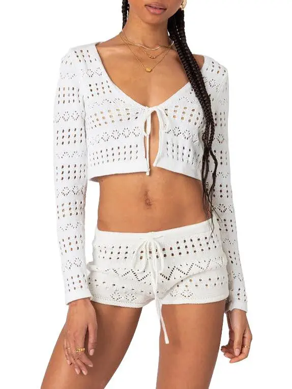 EDIKTED Betsy Open Stitch Tie Front Crop Cardigan - White