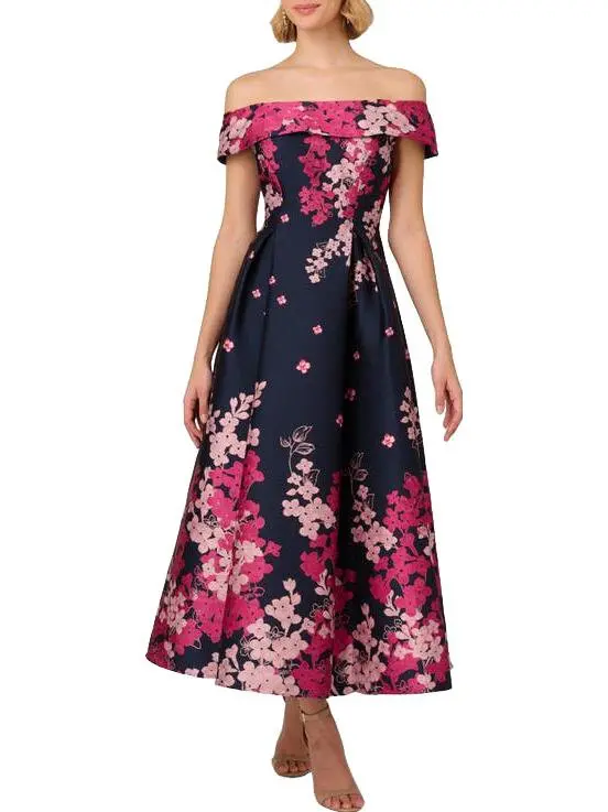 Adrianna Papell Floral Jacquard Gown - Navy/ Pink Multi
