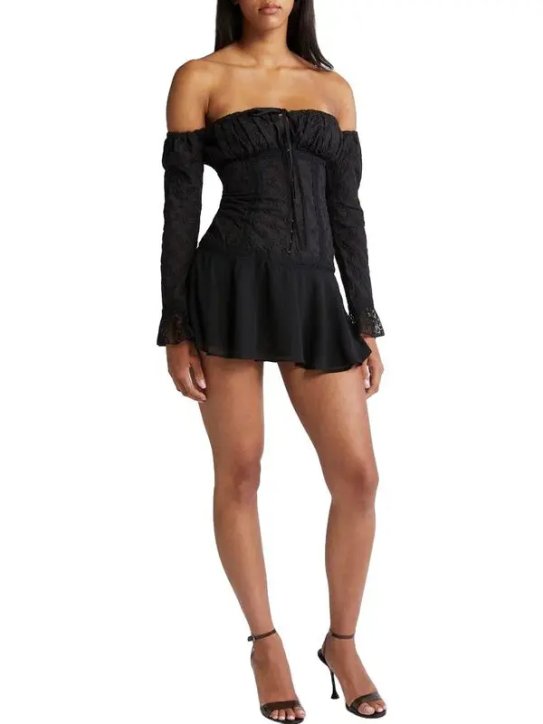 MISTRESS ROCKS Embroidered Lace Off-the-shoulder Mini Dress - Black