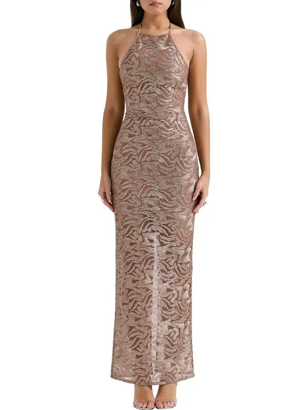 House Of Cb Giada Beaded Halter Gown - Rose Gold