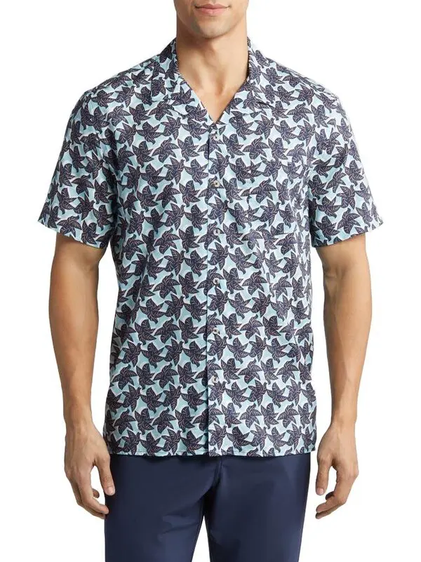 Johnston & Murphy Leaf Print Cotton And Modal Camp Shirt - Blue
