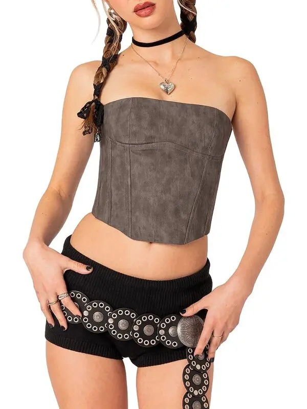 EDIKTED Christa Faux Leather Corset Crop Top - Gray