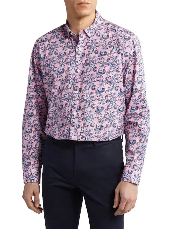 Johnston & Murphy Paisley Print Cotton Button-up Shirt - Pink