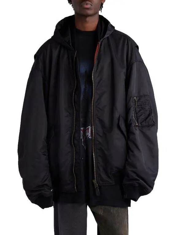 Balenciaga Tape Logo Oversize Hooded Bomber Jacket - Black
