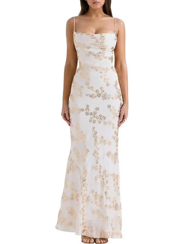 House Of Cb Caprina Embroidered Floral Trumpet Gown - White Gold