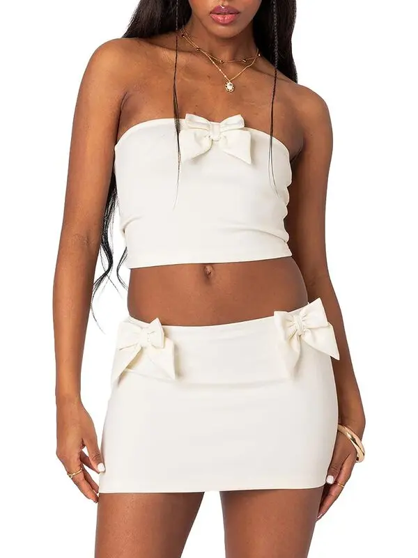 EDIKTED Gabriella Bow Crop Tube Top - White